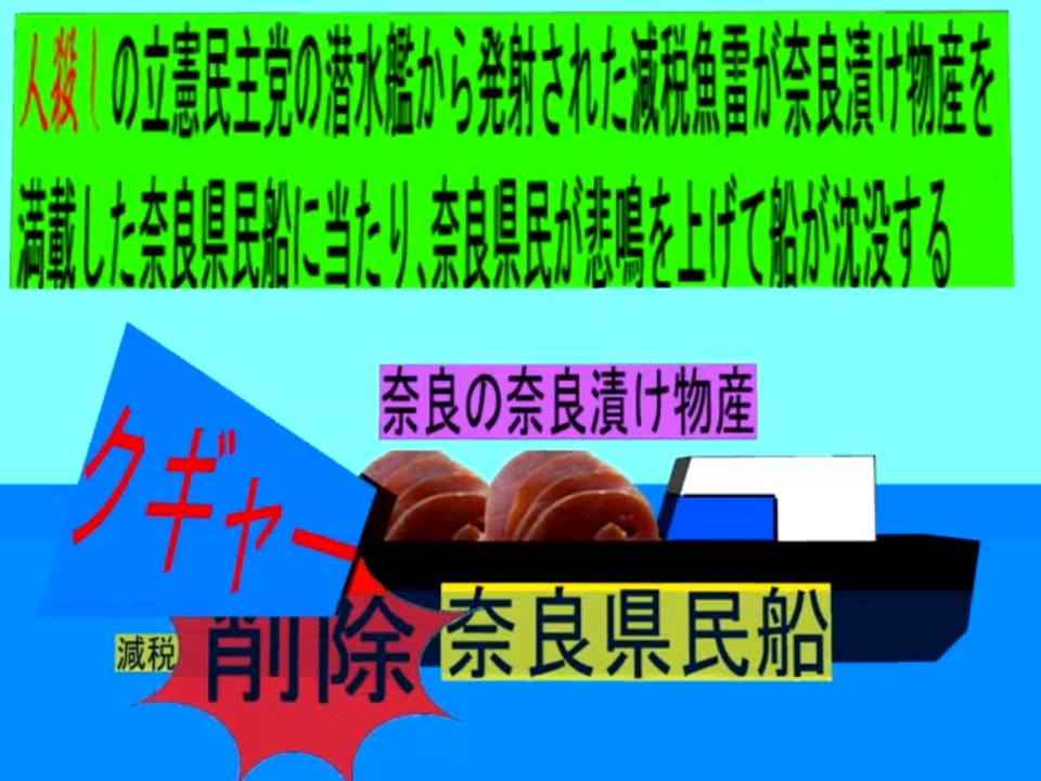 人殺しの立憲民主党潜水艦が減税魚雷で奈良の 物産船を沈没させ日本人を殺すため登場し潜望鏡で奈良県民船を発見し減税魚雷を発射し奈良県民船に当たり