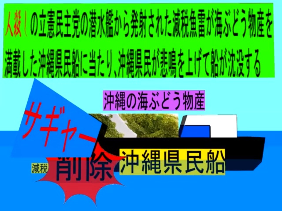 人殺しの立憲民主党潜水艦が減税魚雷で沖縄の 物産船を沈没させ日本人を殺すため登場し潜望鏡で沖縄県民船を発見し減税魚雷を発射し沖縄県民船に当たり