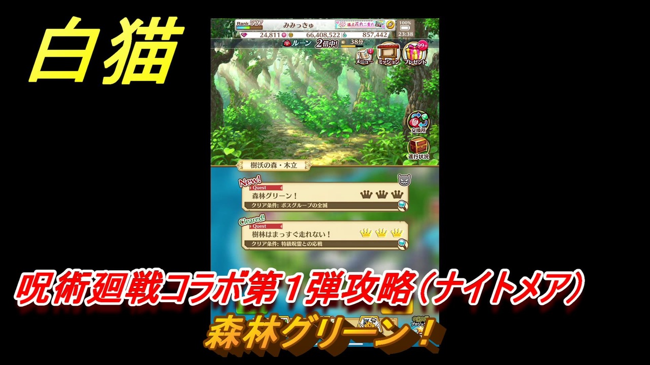 呪術廻戦白猫コラボ1弾（ナイトメア） 森林グリーン！ ガチャキャラ 五条悟（拳）虎杖悠仁（拳）釘崎野薔薇（弓）七海建人（剣）伏黒恵（双剣