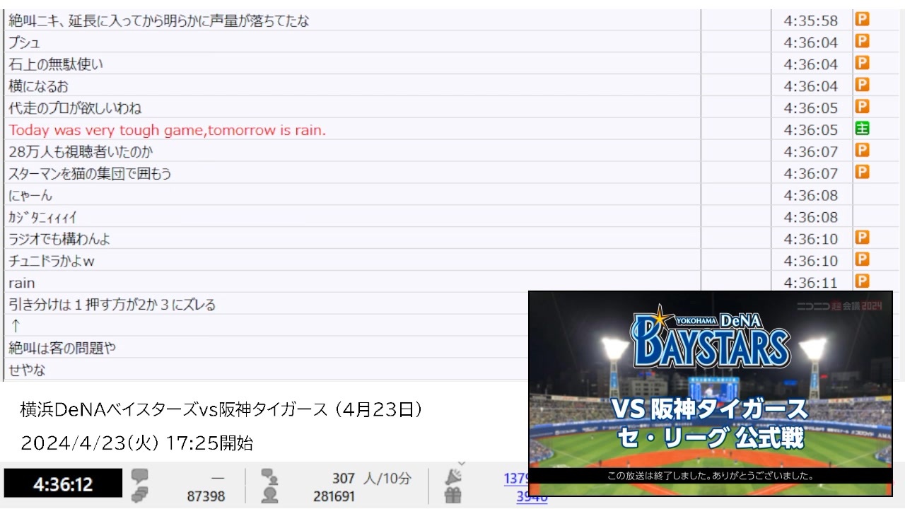 【NCVコメントのみ】【本家終了後】横浜DeNAベイスターズvs阪神タイガース （4月23日）【2024/4/23】 - ニコニコ動画