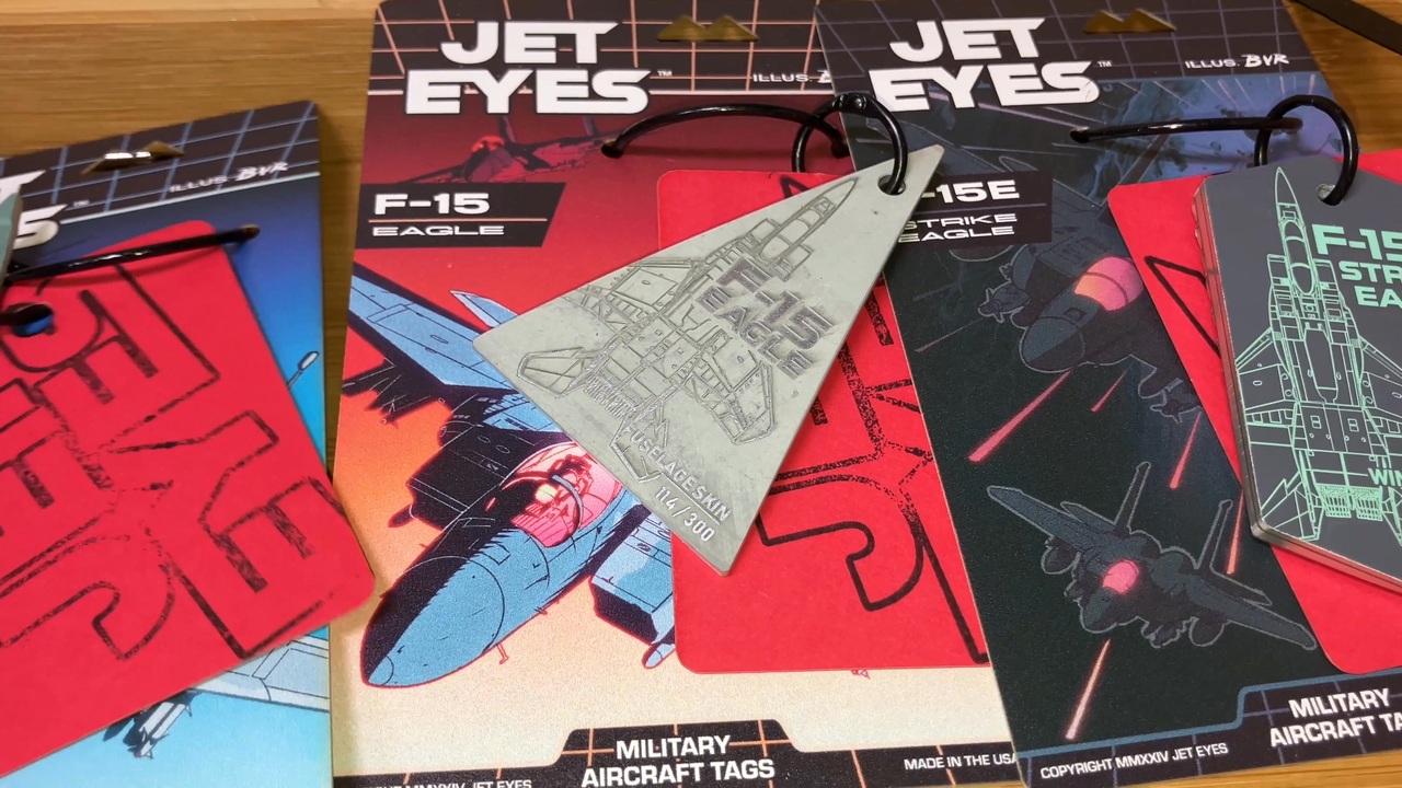 “Unboxing”JET EYES tags F-15 and F-15E skins and canopy frames ジェットアイズ 退役したF-15、F-15Eの一部から作られたタグ ...